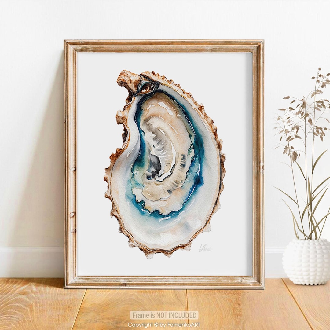 Oyster Shell Print Nautical Coastal Wall Art Beach House Decor, Watercolor Painting Dining Room ...