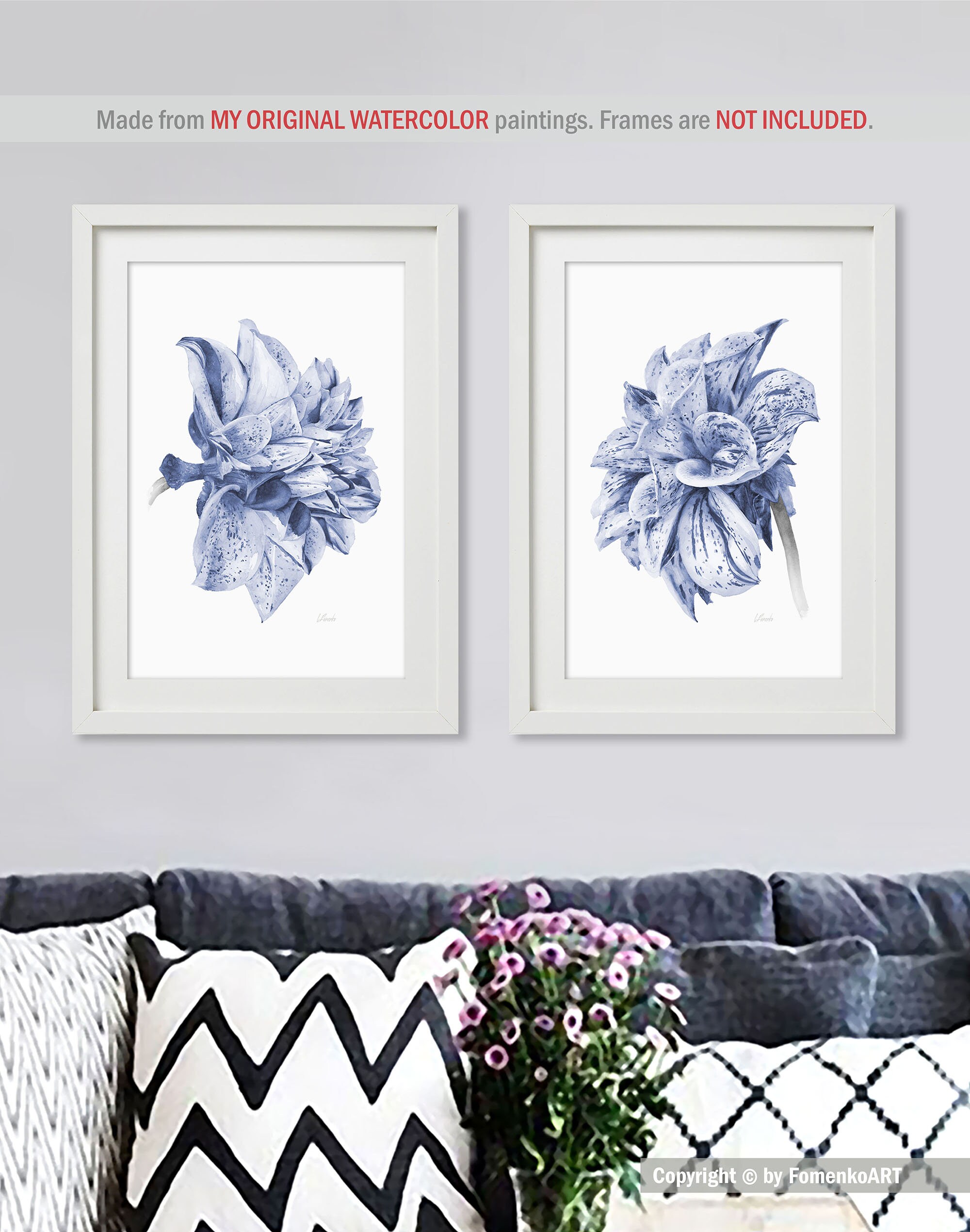 Prints Wall Art Blue Flower Art Flower Painting Boho Wall | Etsy