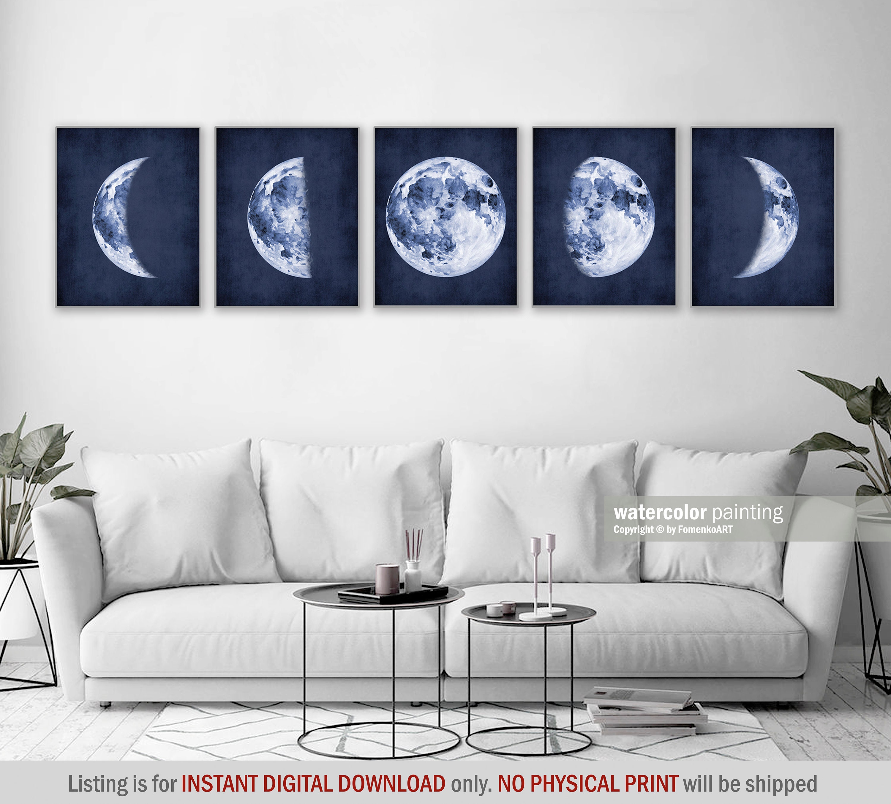 Phases of the Moon Print Navy Blue Wall Art Printable | Etsy