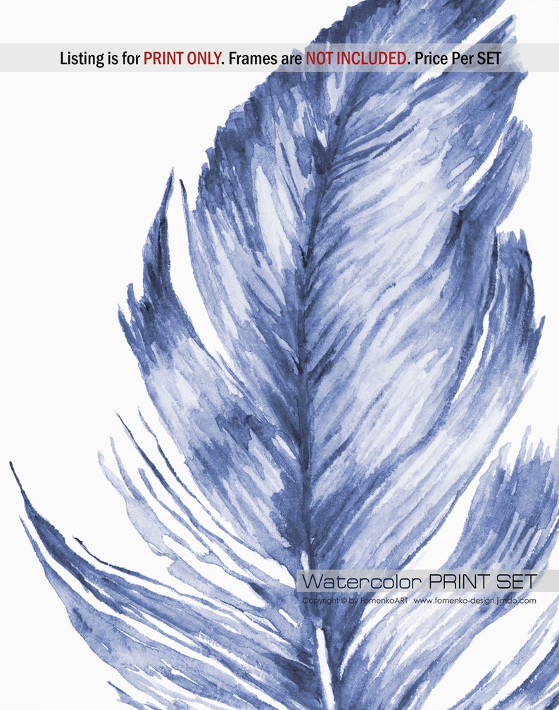 Watercolor Feather print set of 2 Blue Feather art Large Wall | Etsy