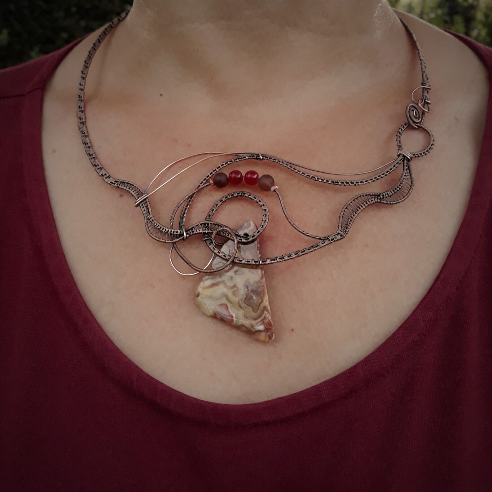 Unusual Wire Wrapped Necklace Crazy Lace Agate Pendant - Etsy