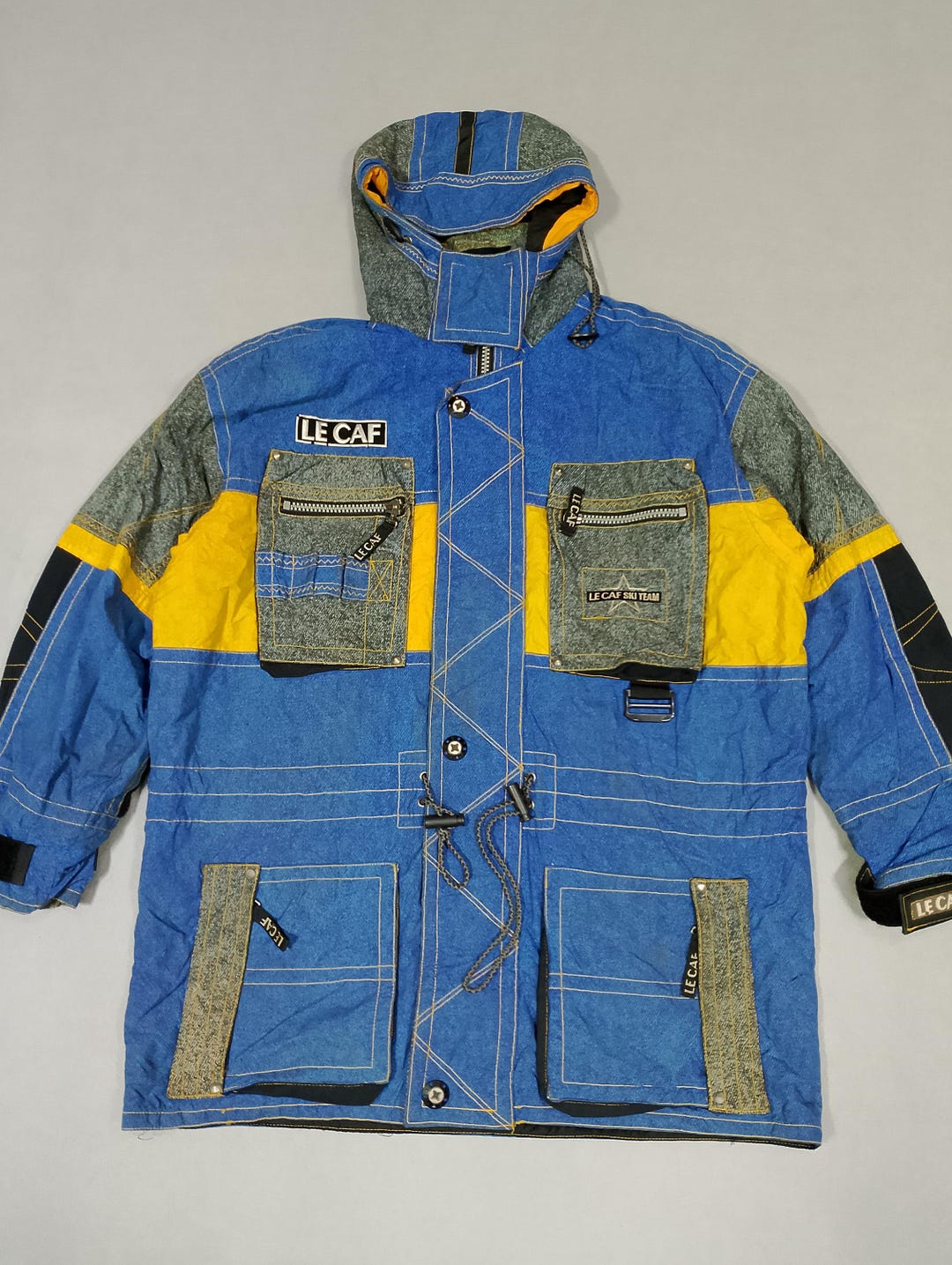 Vintage 90s LECAF Ski Jacket – Blue, Yellow & Grey Colorblock – Retro ...