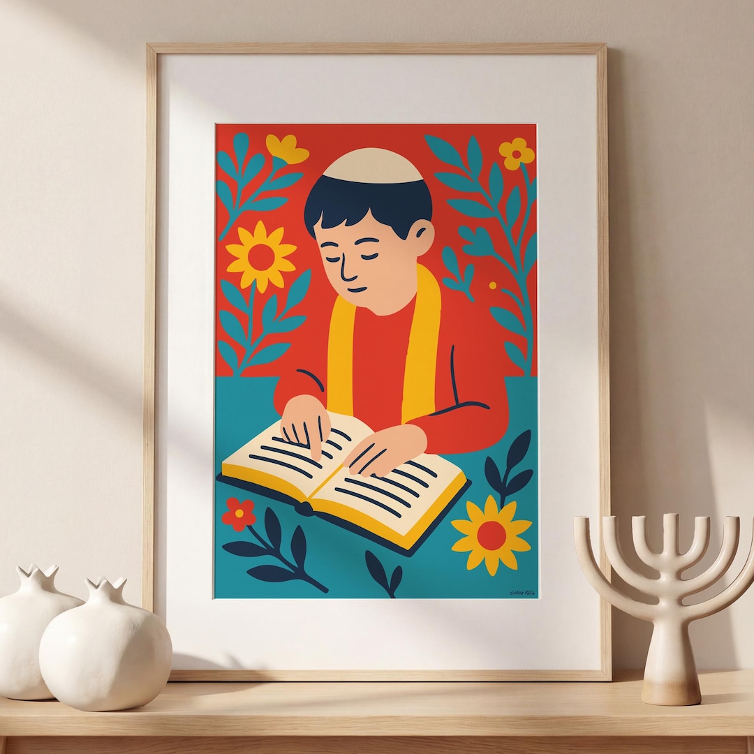 Modern Jewish Boy Prayer Art Print, Kid Reading Siddur Illustration ...