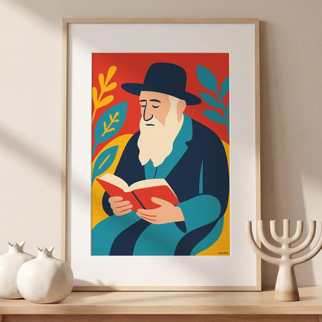 Modern Jewish Man Prayer Art Print, Bearded Rabbi Reading Book, Judaica ...