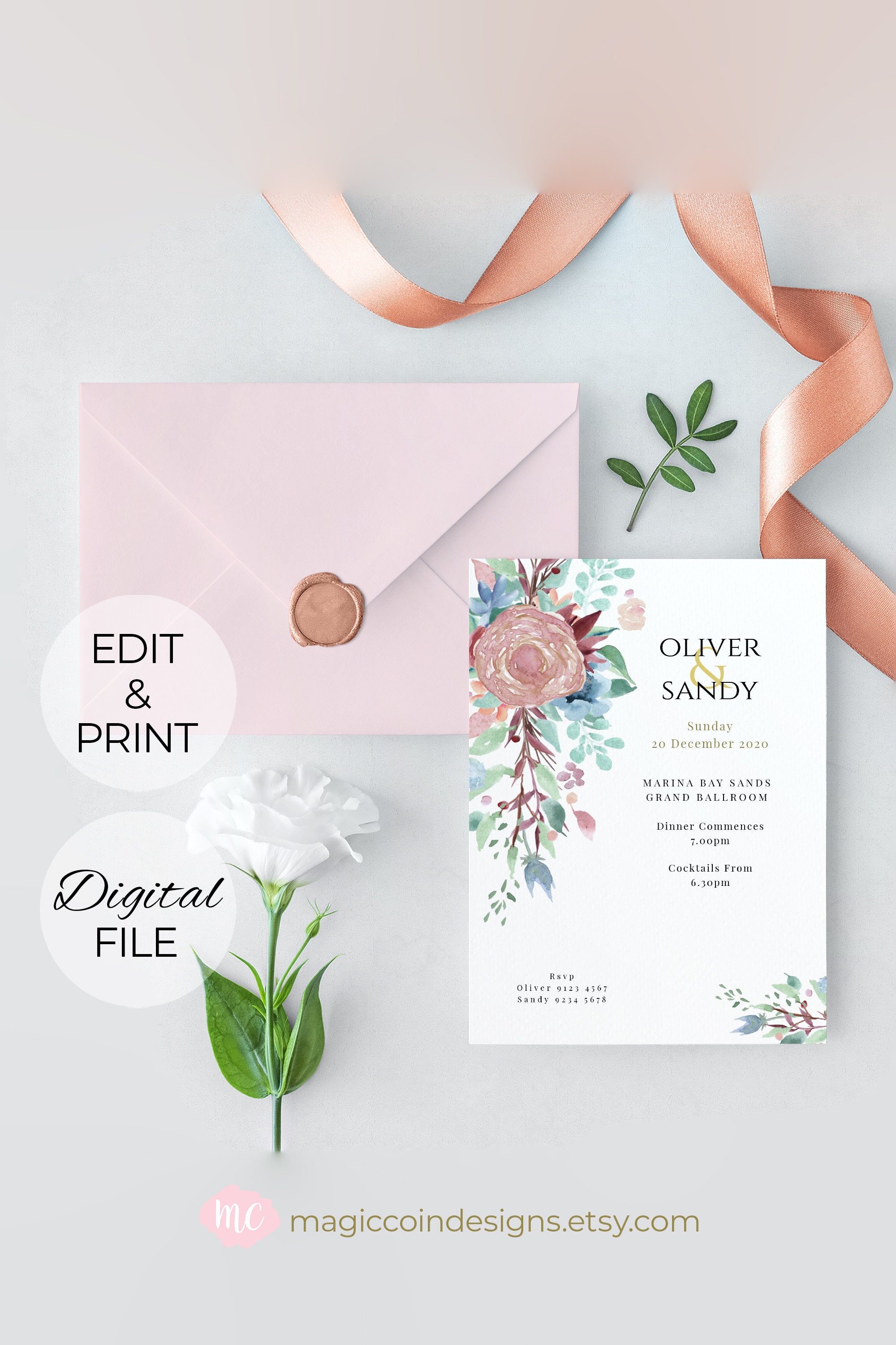 Blush Pink Rose Invitation Rose Floral Wedding Invitation - Etsy