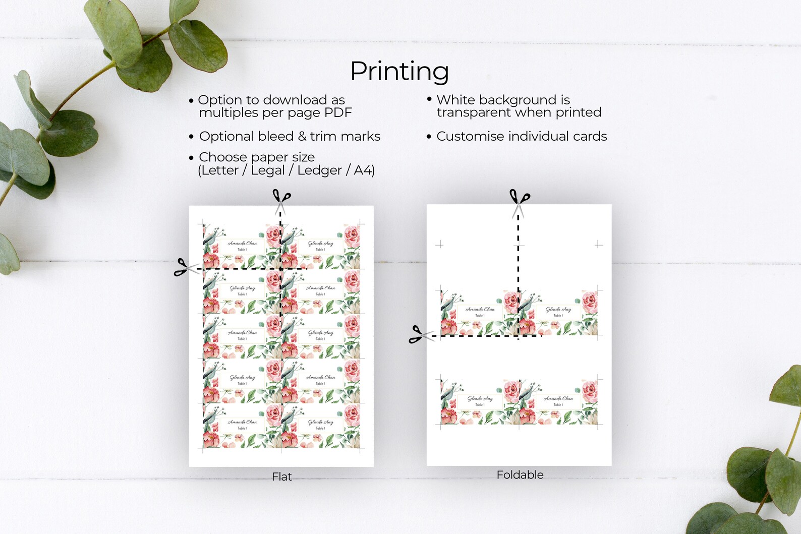 Rose Place Cards, Table Seating Card, Place Cards Wedding Printable ...