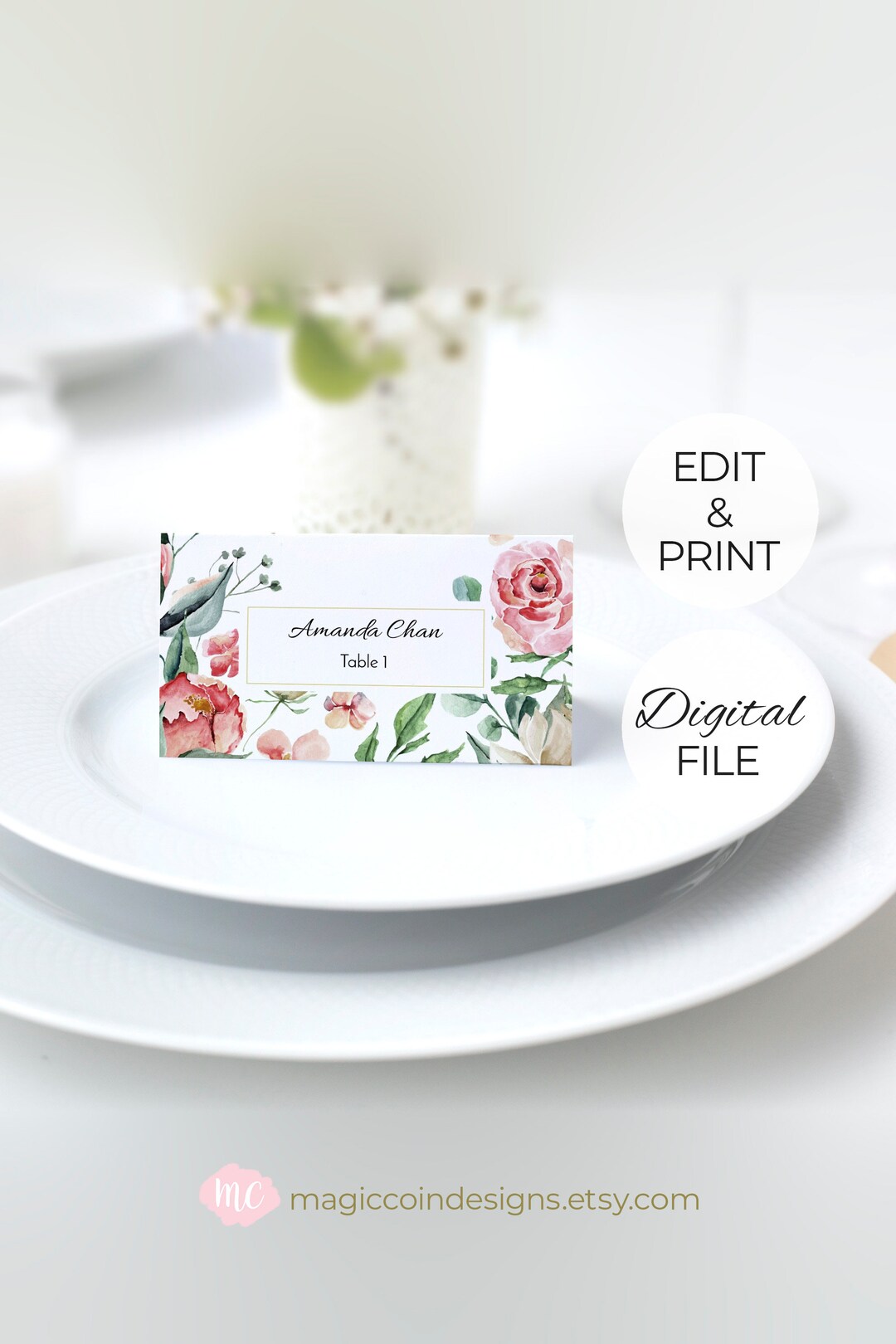 Rose Place Cards, Table Seating Card, Place Cards Wedding Printable ...