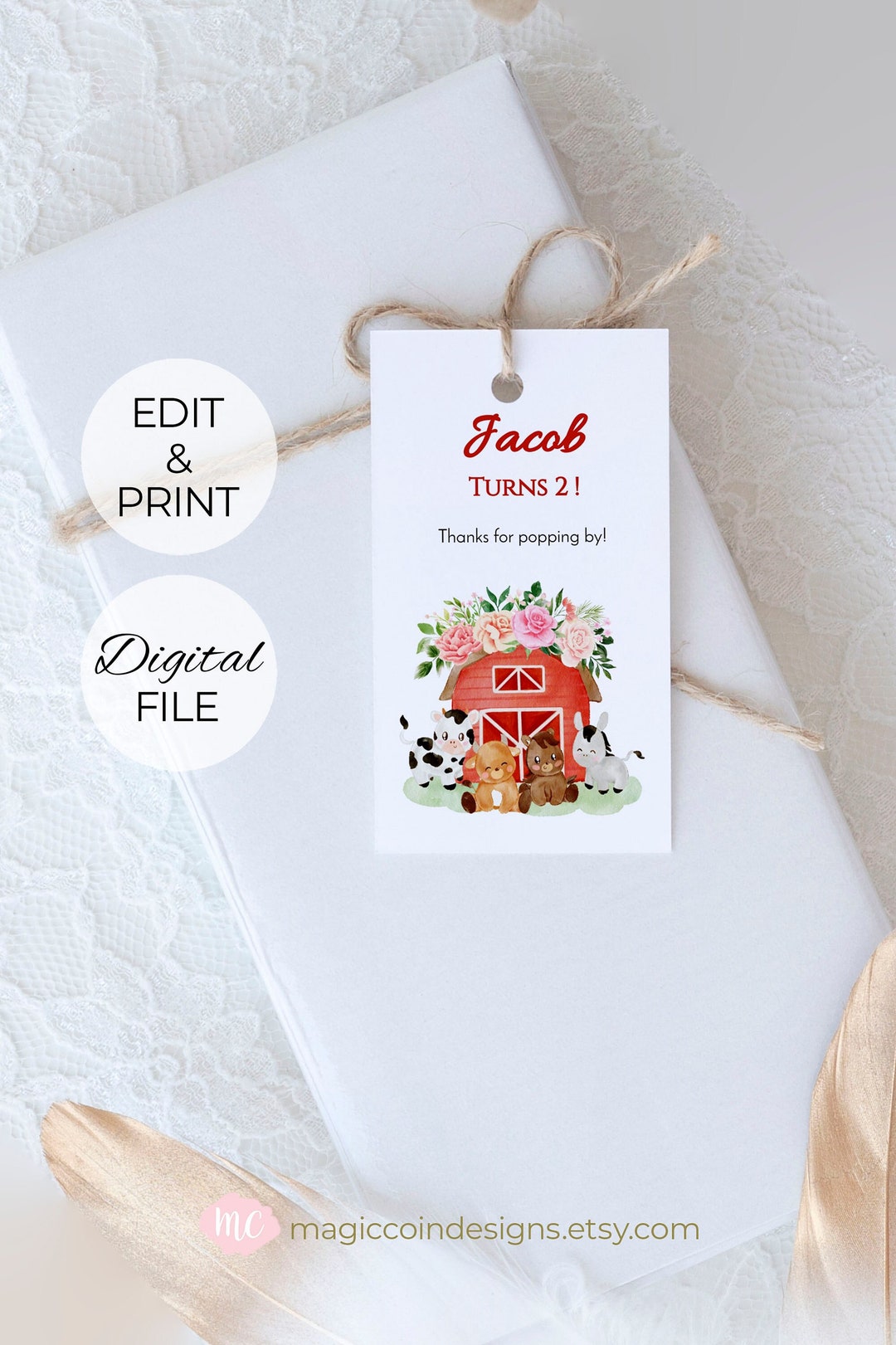 Red Barn Birthday Tag, Farm Party Gift Tag, Animals 2 Year Old, Boy ...