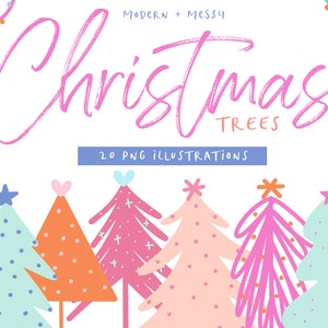 Boho Christmas Trees Clip Art, Modern & Messy Pastel Trees, Christmas ...