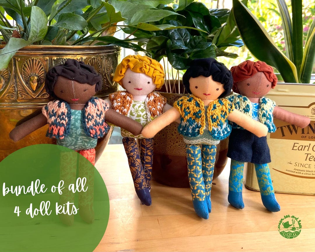 Bundle of 4 Fabric Doll Sewing Kits, Bold Colourful Organic Cotton ...
