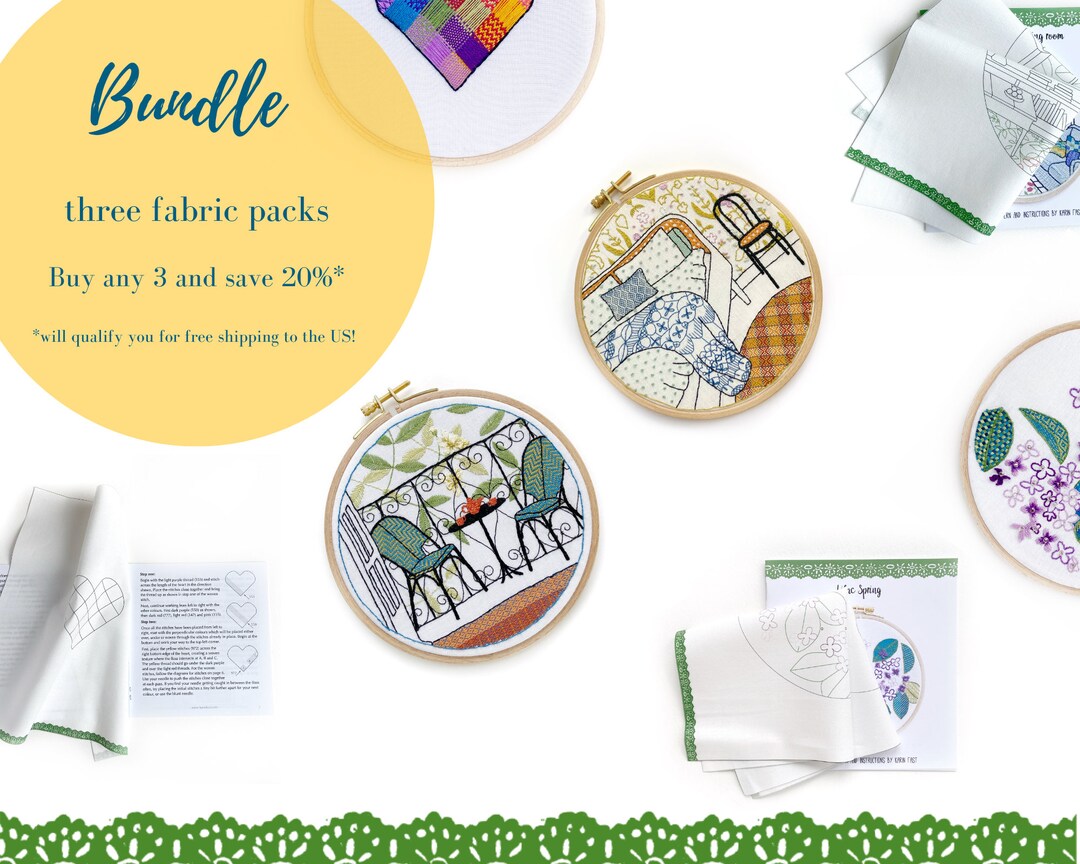 BUNDLE of 3 Embroidery Designs, Preprinted Fabric Packs, Embroidery ...