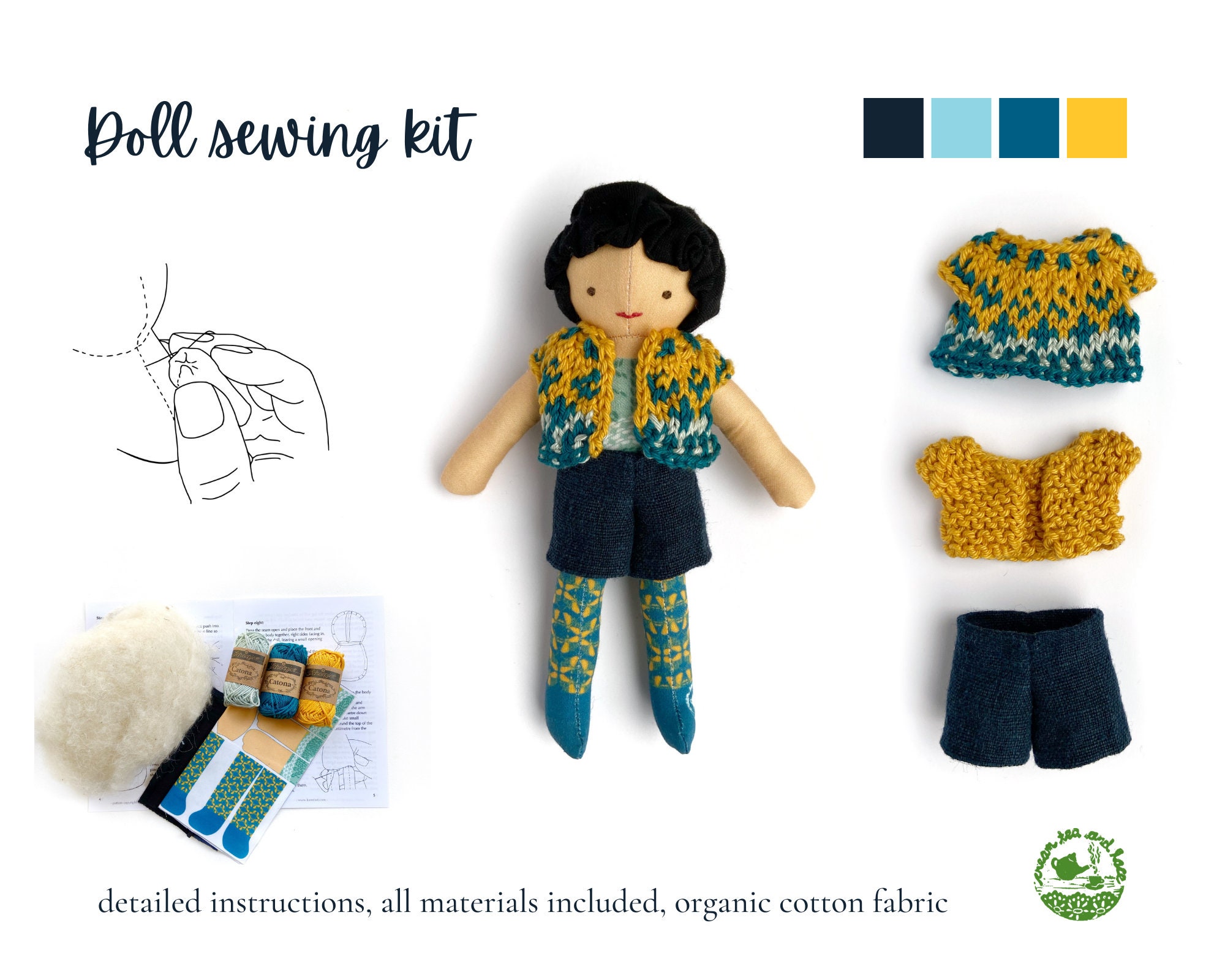 Bundle of Two Fabric Doll Sewing Kits, Choose Two, Bold Colourful ...