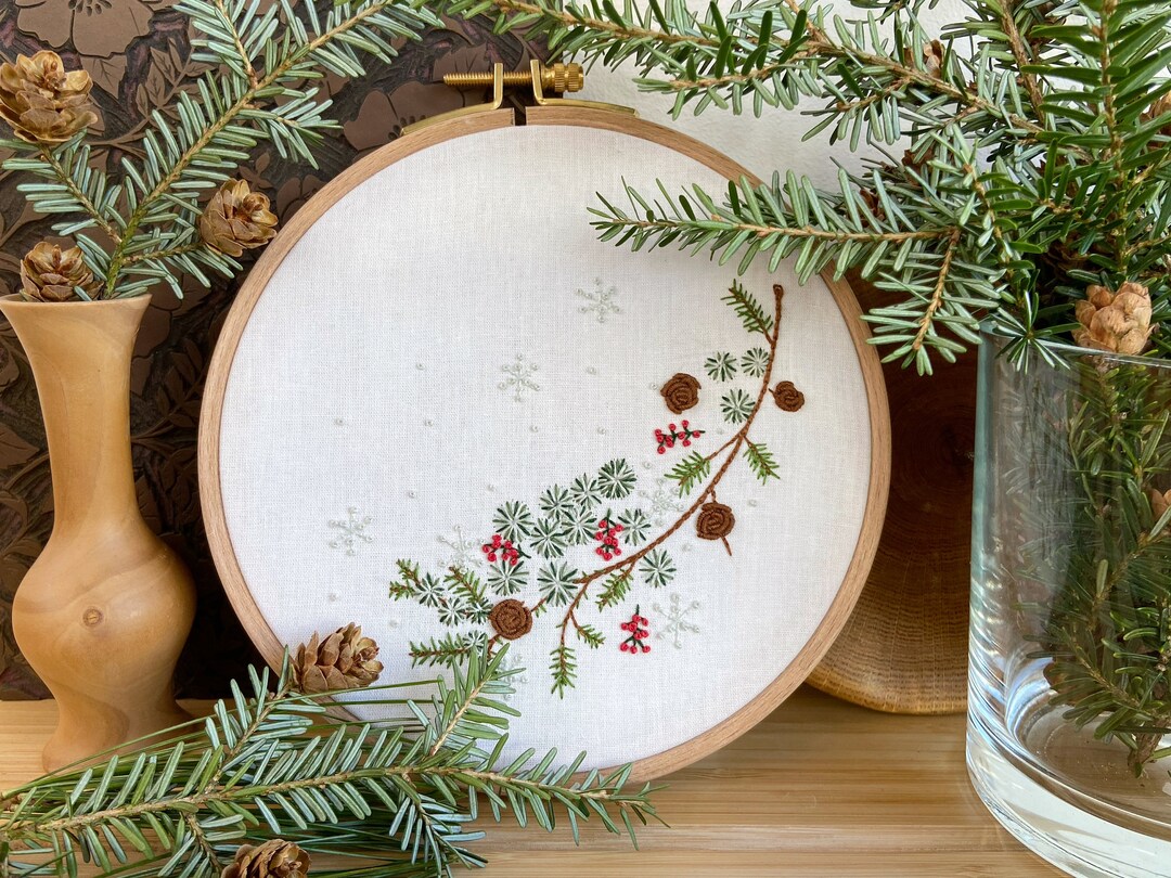 Christmas Wreath Winter Pine Embroidery Kit, Botanical Stitching Modern ...