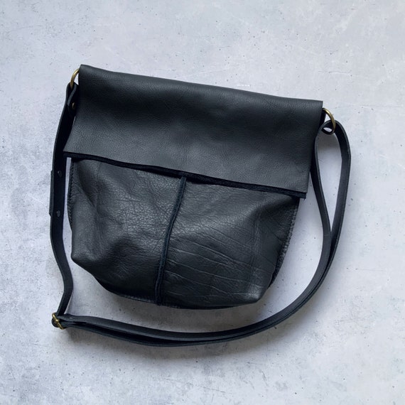 Handmade Black Leather handbag Fold Over Shoulder Crossbody | Etsy