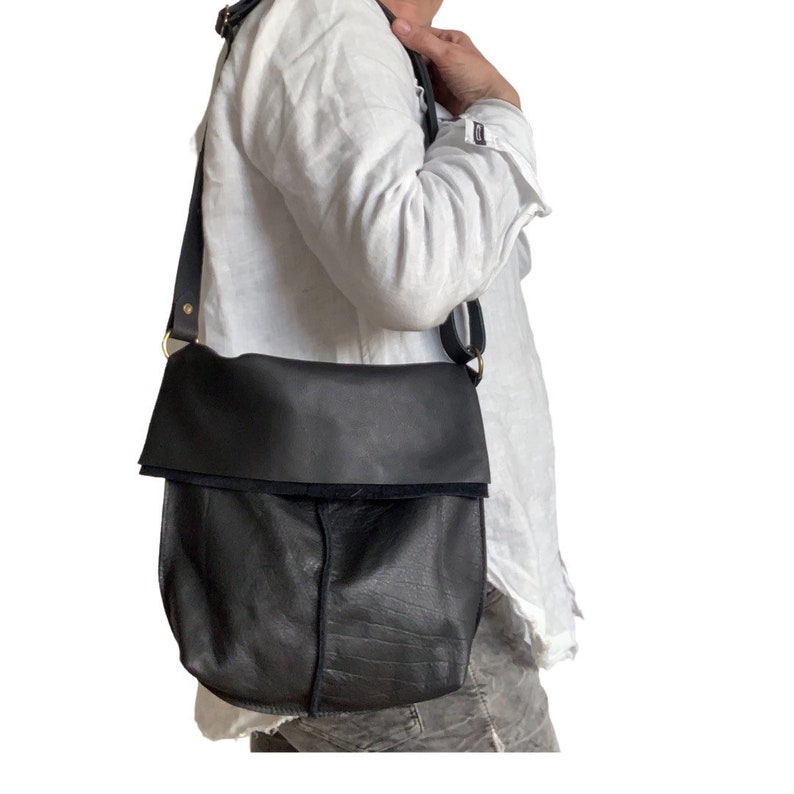 Handmade Black Leather handbag Fold Over Shoulder Crossbody | Etsy