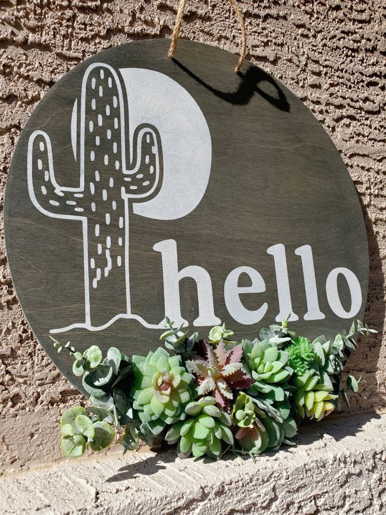 Hello Cactus Door Sign Succulent Decor Wood Painted Wood - Etsy