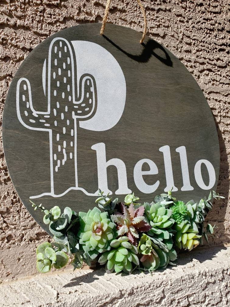 Hello Cactus Door Sign Succulent Decor Wood Painted Wood - Etsy