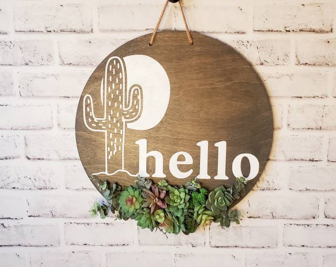 Hello Cactus Door Sign | Succulent Decor | Wood Painted Wood Round Sign ...