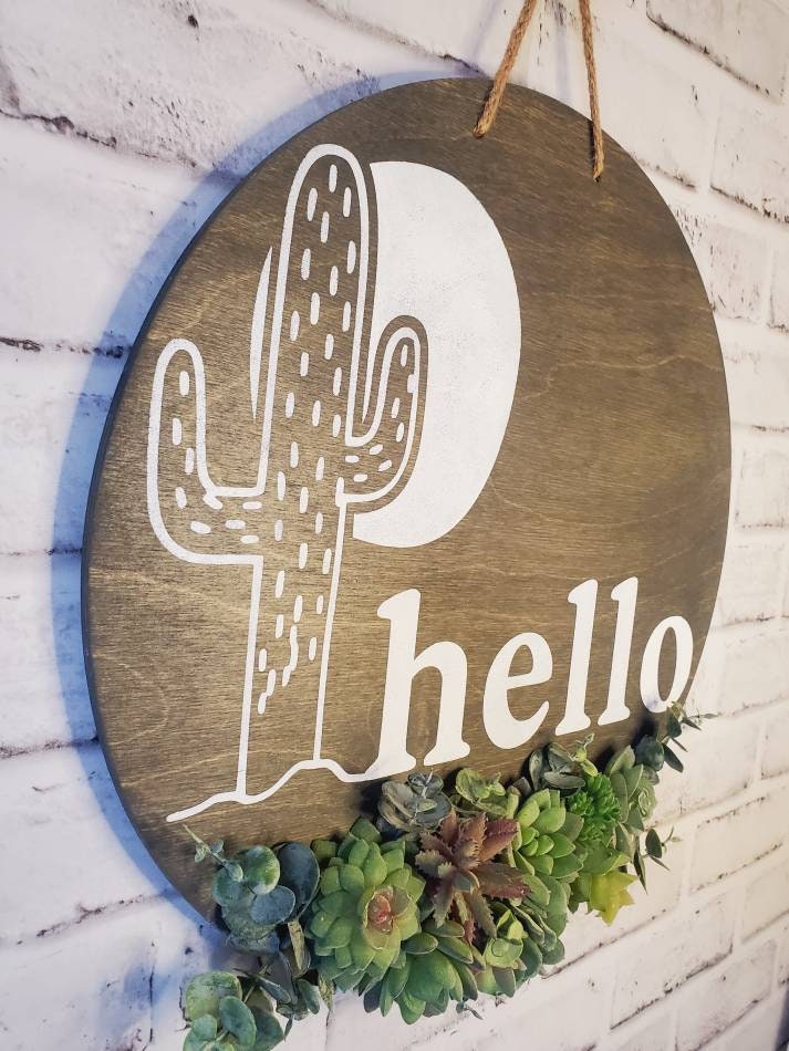 Hello Cactus Door Sign Succulent Decor Wood Painted Wood - Etsy