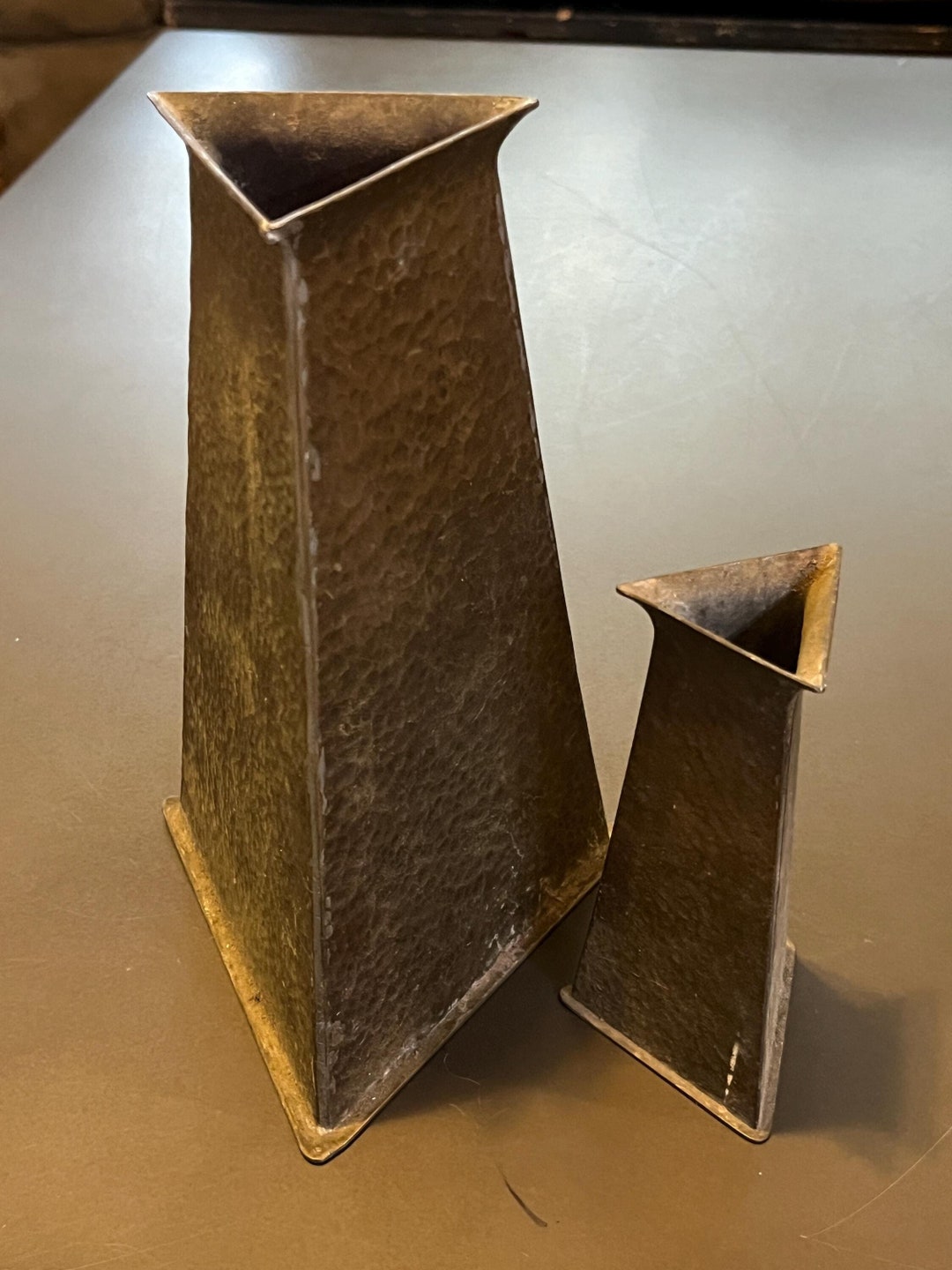 Duo of Hammered Brass Triangle Vases. - Etsy