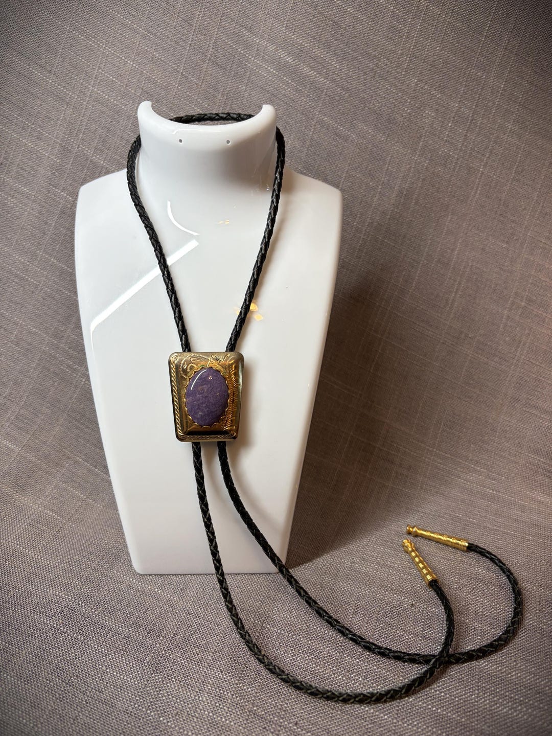 Western Style Bolo Tie Gold Tone Frame Purple Stone Black Leather Rope ...