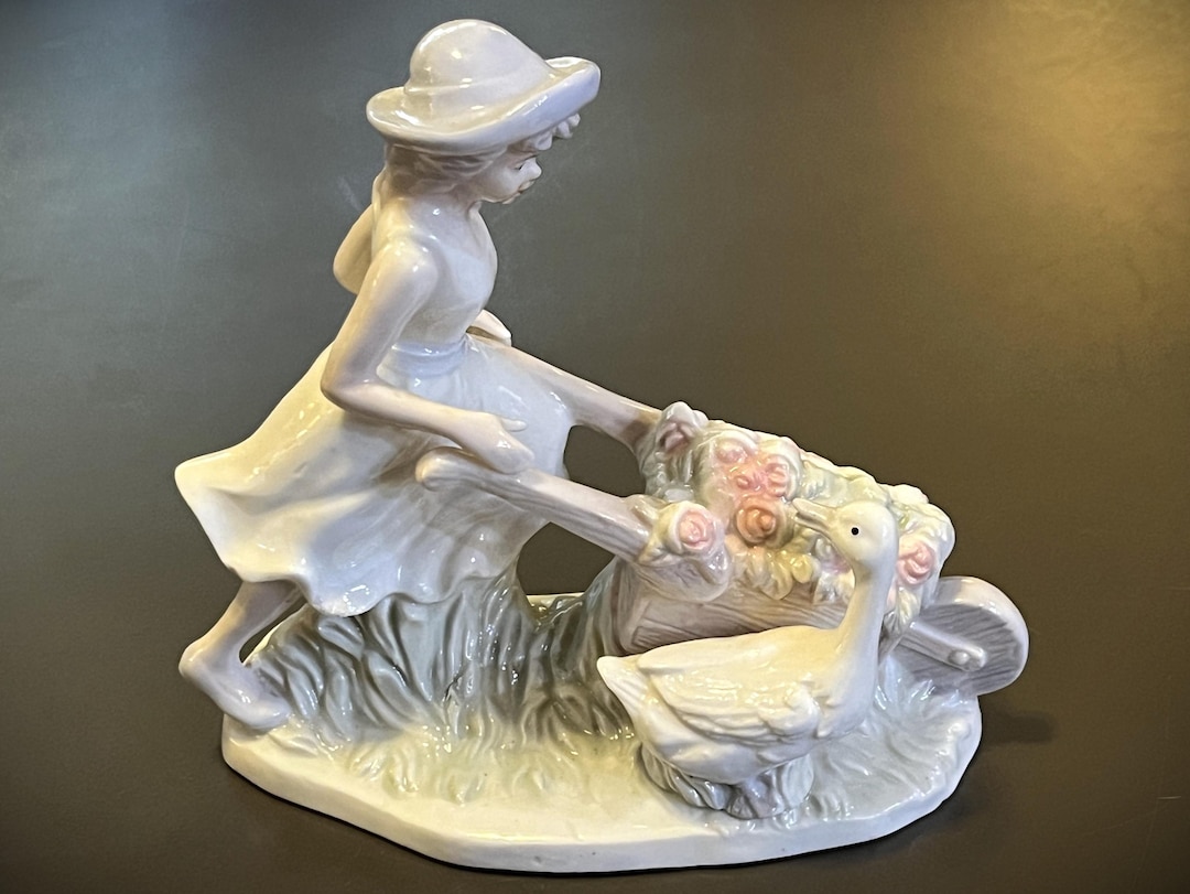 Porcelain Figurine Girl Pushing Cart Flowers Goose. - Etsy