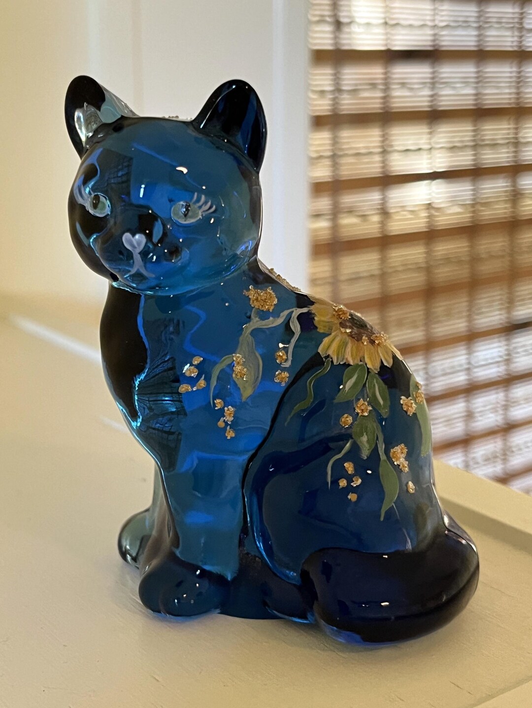 Rare!! Fenton Cobalt Blue Cat Glittery Sunflowers. Fenton Stamp. - Etsy