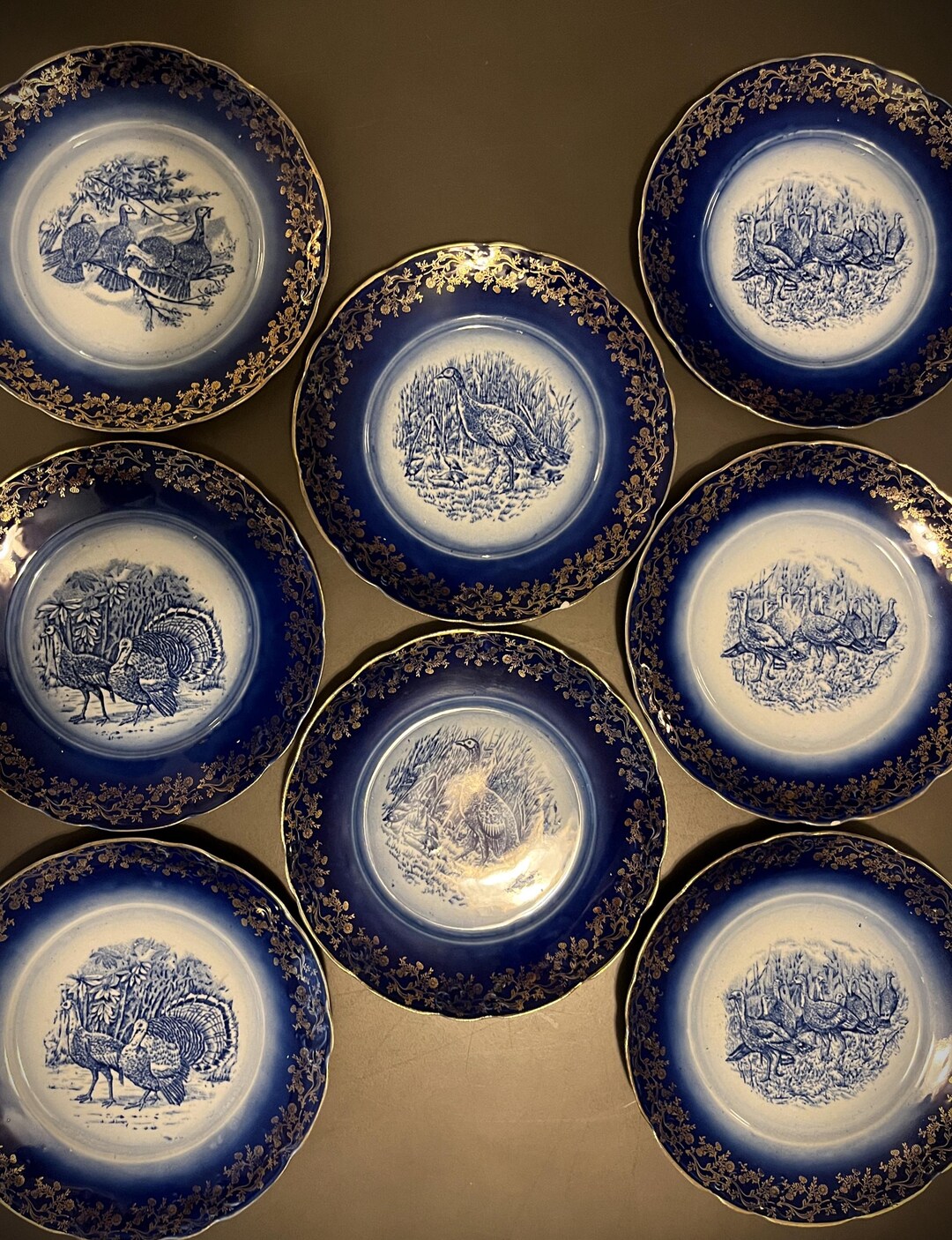 Antique French Blue Flow Turkey Plates Gold Detailed Border. Collection ...
