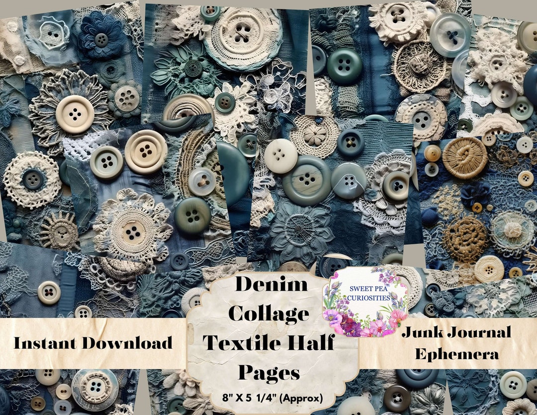 Textile Mix With Denim, Collage, Printable Junk Journal, Half Papers ...