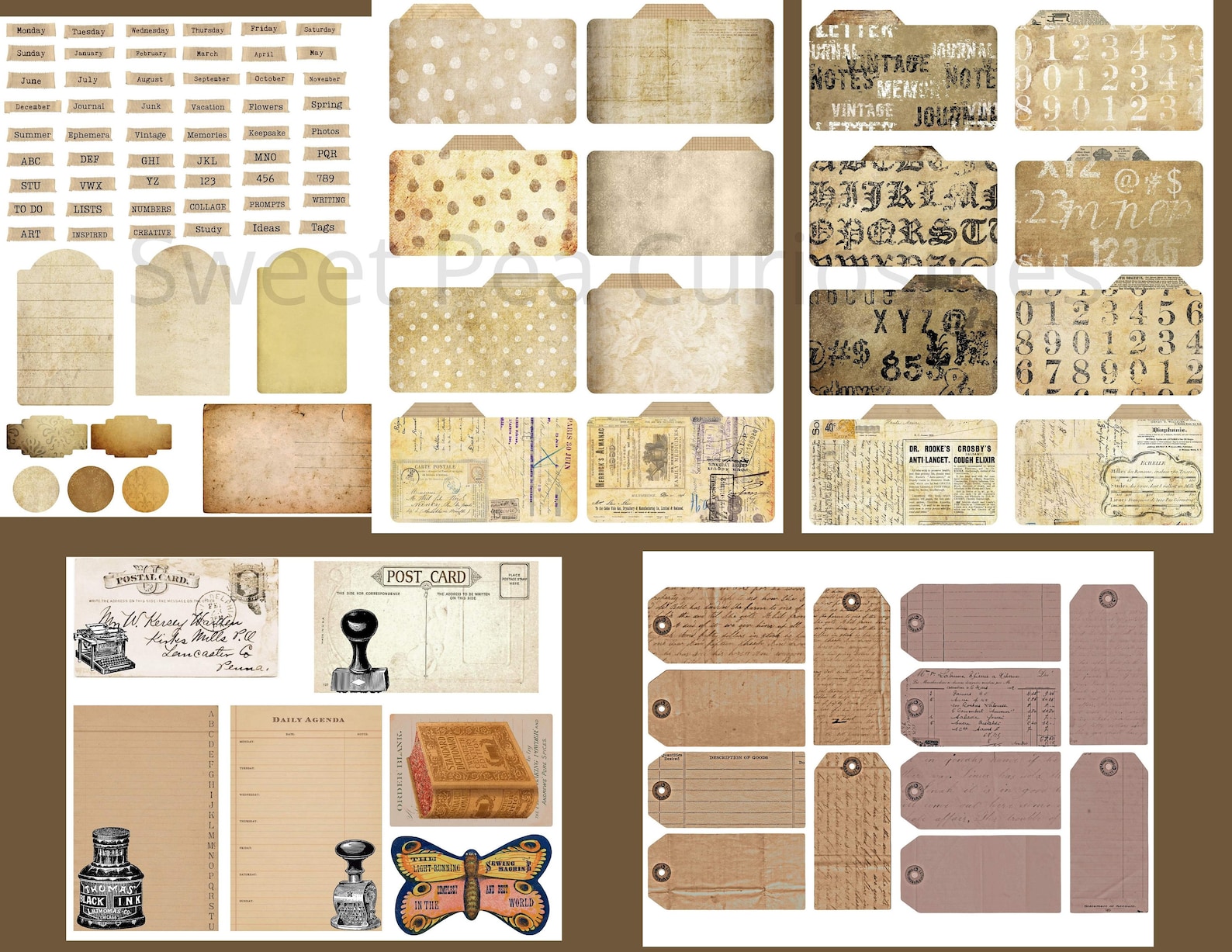 9 Vintagepaper File Folders Pockets Tags Kit Digital - Etsy