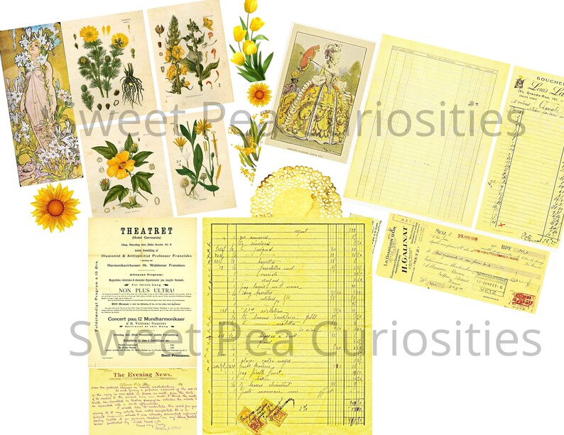 Yellow Ephemera, Collage Paper, Junk Journal, Mixed Media, Ephemera ...