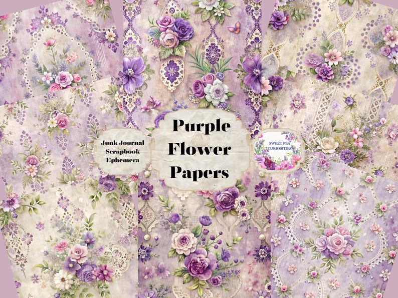 Digital, Download, Printable, Purple, Flowers, Paper, Junk Journal ...