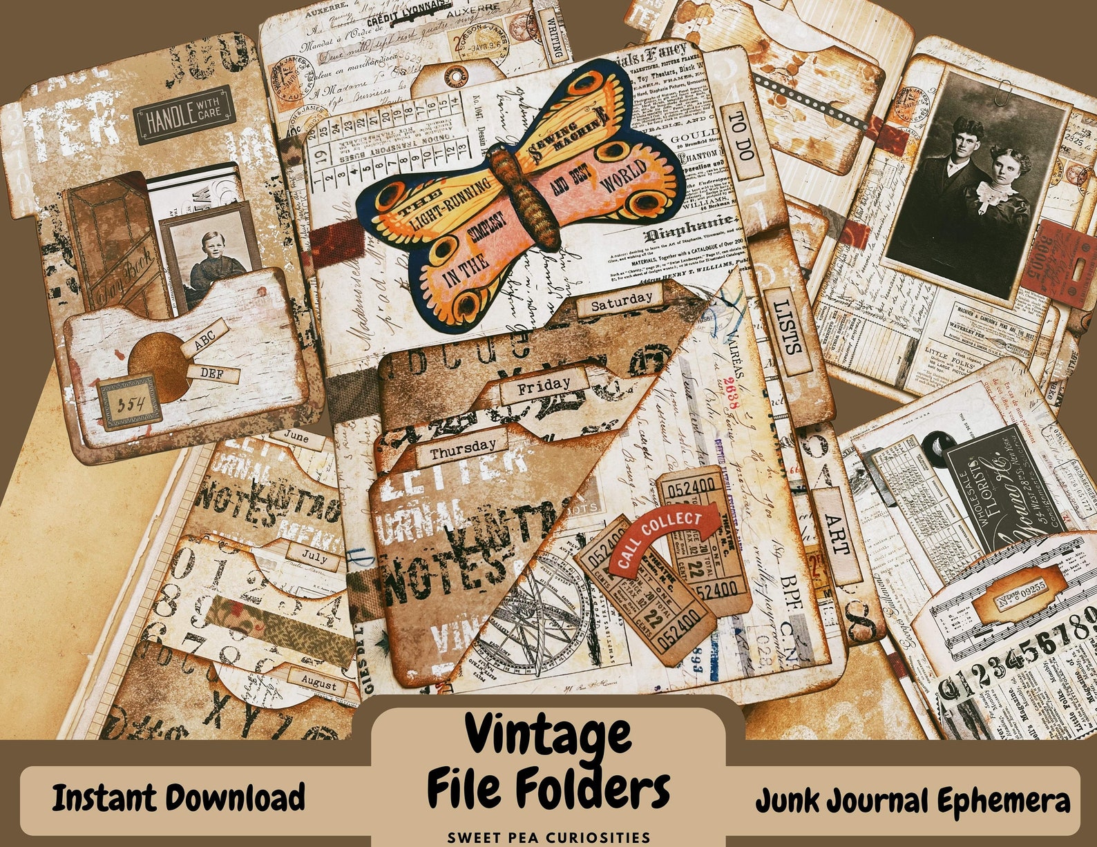 9 Vintagepaper File Folders Pockets Tags Kit Digital - Etsy