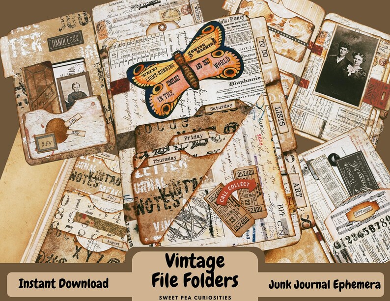 9 Vintagepaper File Folders Pockets Tags Kit Digital - Etsy