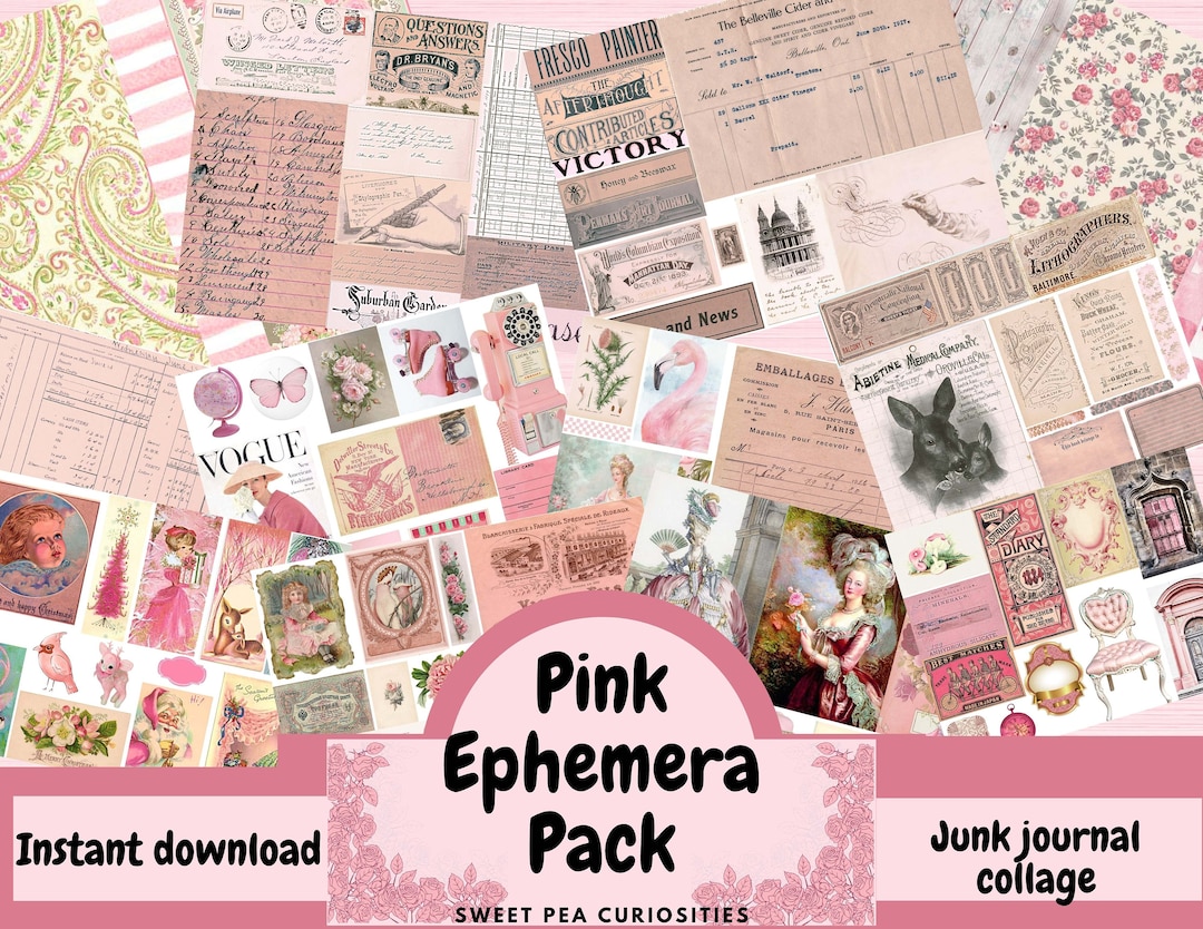 Pink Ephemera, Collage Paper, Junk Journal, Mixed Media, Ephemera ...