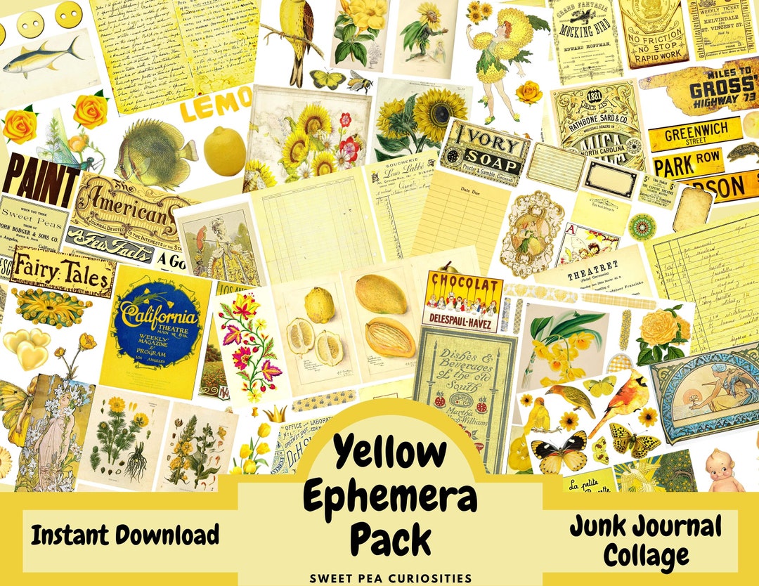Yellow Ephemera, Collage Paper, Junk Journal, Mixed Media, Ephemera ...