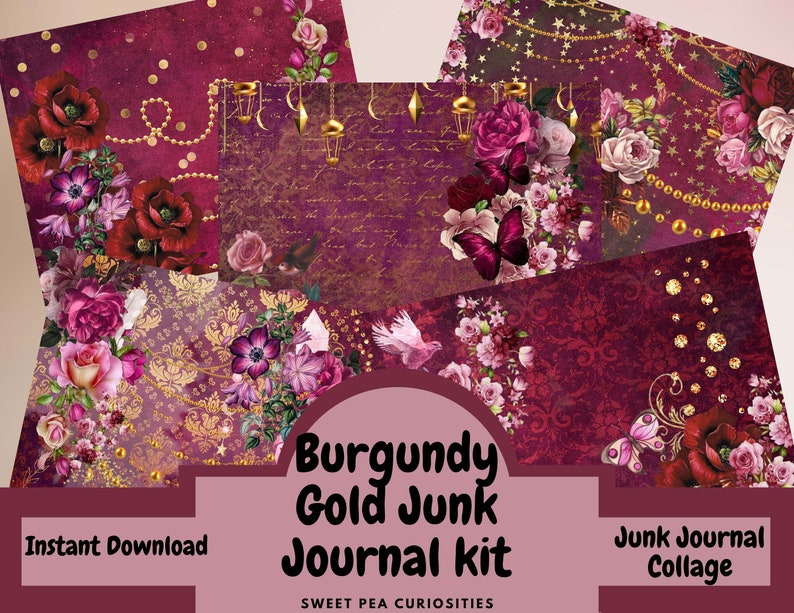 Burgundy and Gold Junk Journal Kit Junk Journal Collage | Etsy