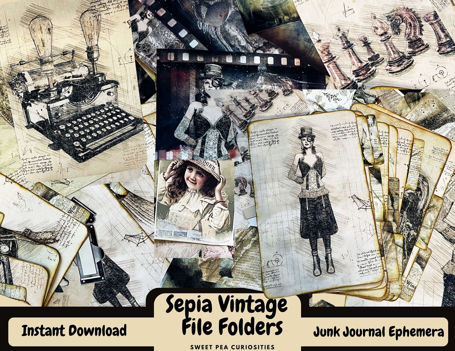 9 Vintage Sepia File Folders Paper Pockets Tags Kit - Etsy