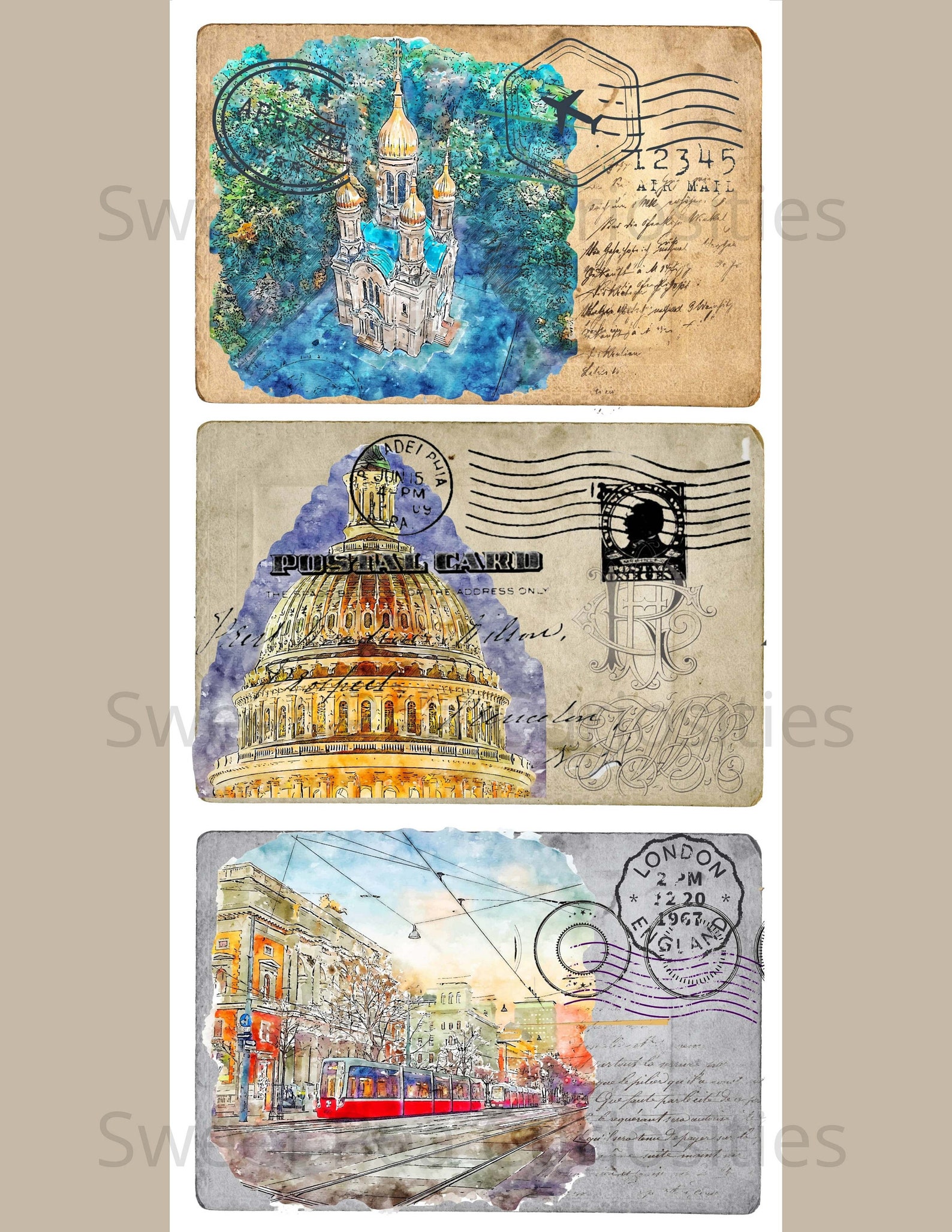 Watercolor Postcards, Digital, Download, Printable, Vintage, Paper ...