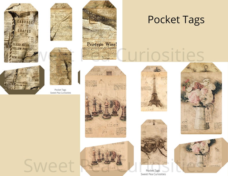 9 Vintage Sepia File Folders Paper Pockets Tags Kit - Etsy