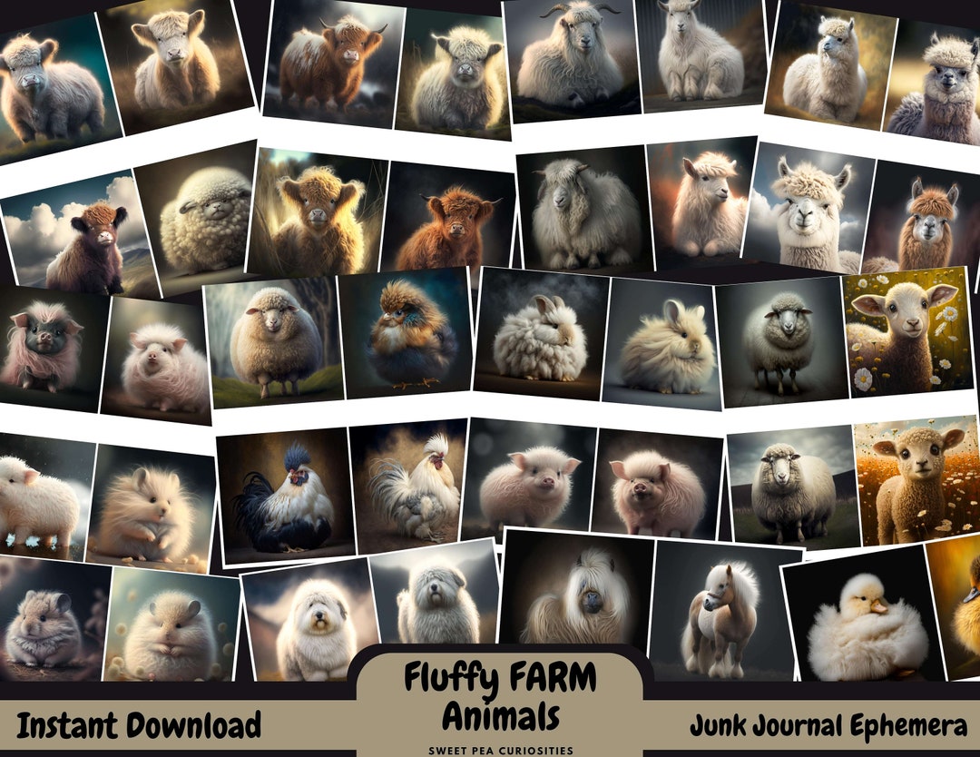 Fluffy Farm Animals, Digital, Download, Printable, Junk Journal Cards ...