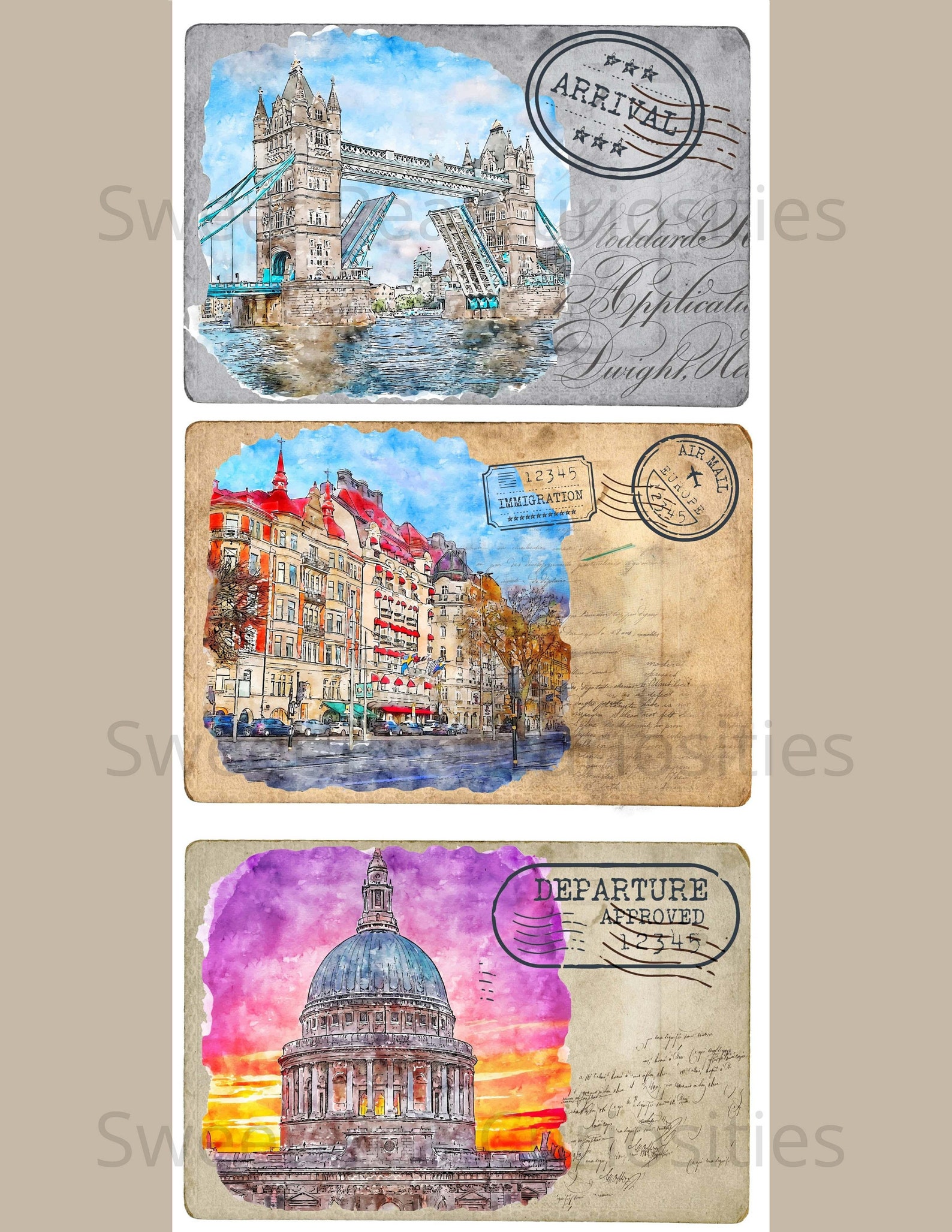 Watercolor Postcards, Digital, Download, Printable, Vintage, Paper ...