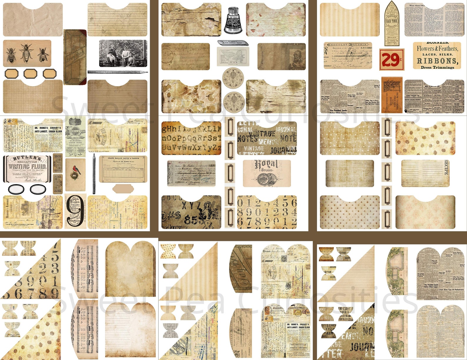 9 Vintagepaper File Folders Pockets Tags Kit Digital - Etsy