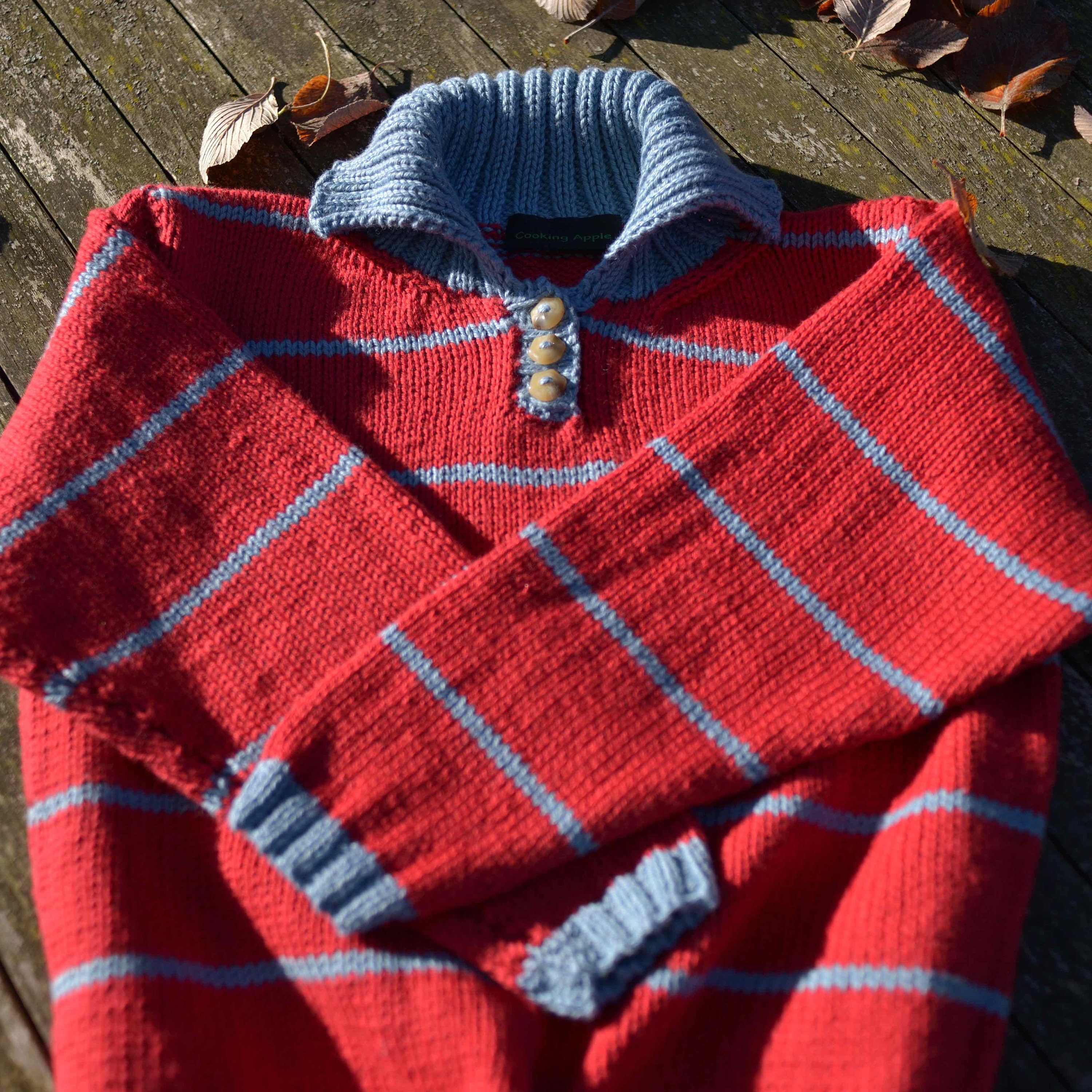 Cotton, Hand-knitted, Button-necked Jersey in Red With Sky Blue Stripes ...