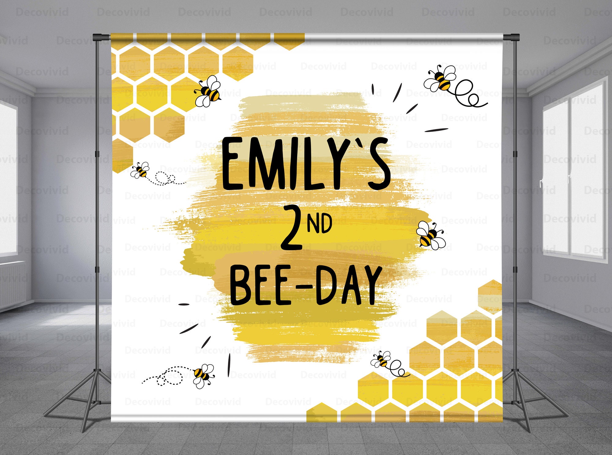 Bees Birthday Backdrop, Bee-day Theme Party, Honeycomb, Yellow ...