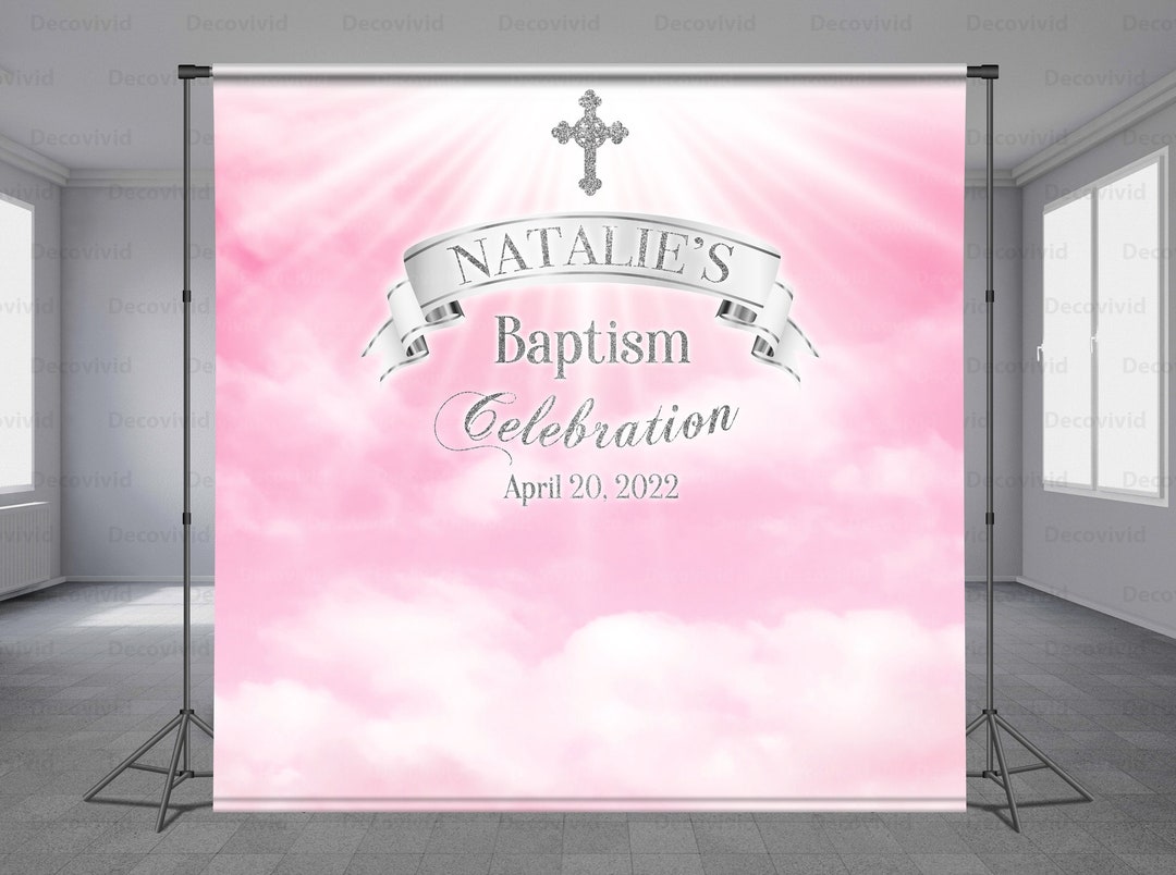 Pink Sky Baptism Backdrop, Personalized Christening Backdrop, Holy Baby ...