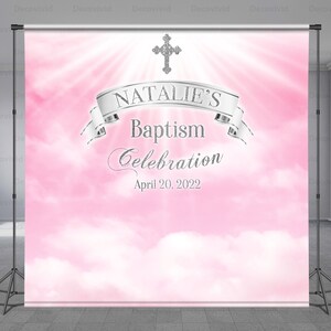 Pink Sky Baptism Backdrop, Personalized Christening Backdrop, Holy Baby ...