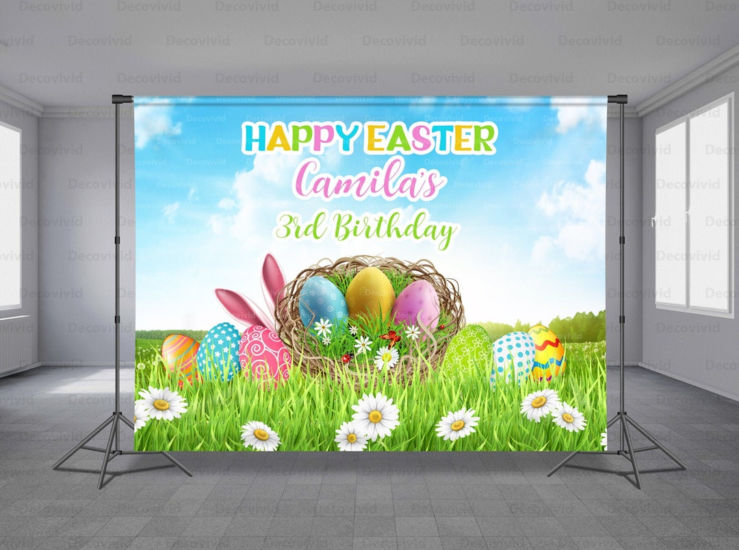 Easter Birthday Backdrop, Happy Easter, Personalized Theme, Bunny Ears ...