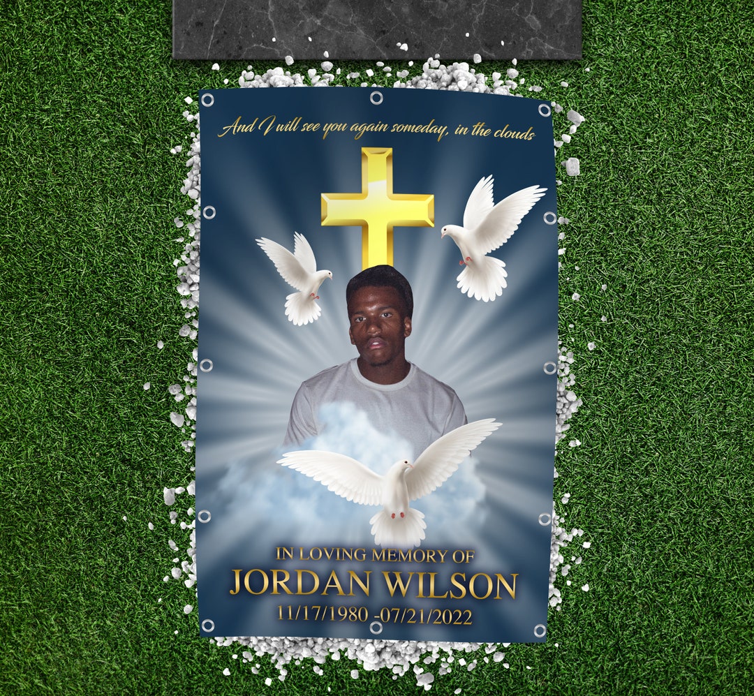 Custom Grave Blanket, Memorial Grave Banner, Blue Sky Clouds, in Loving ...