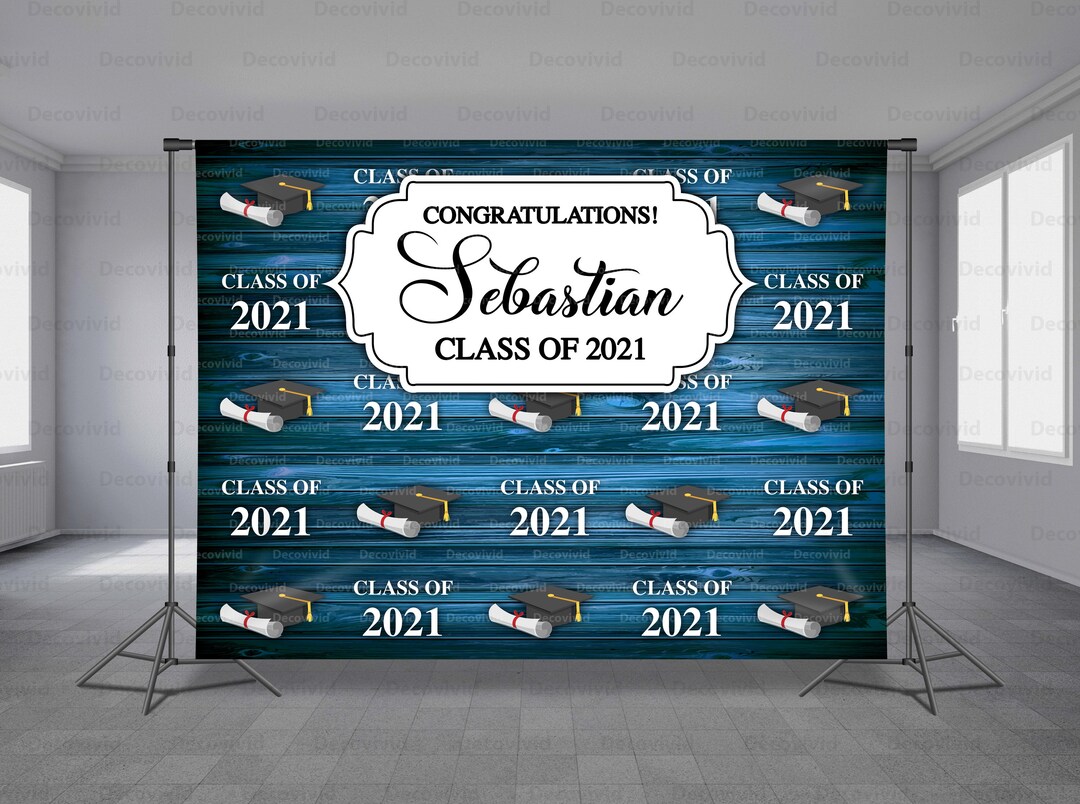 Graduation Step and Repeat Party Backdrop, Class of 2021, Blue Hat ...